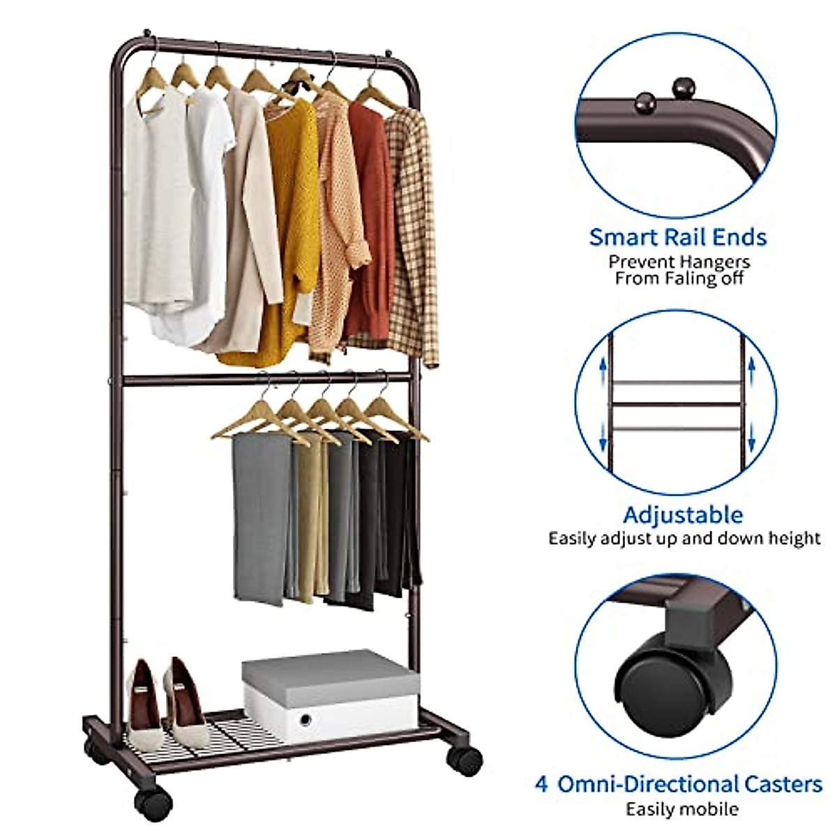 Simple Trending-Double Rod Clothing Garment Rack, Rolling Clothes Organizer on Wheels for Hanging Clothes, Bronze