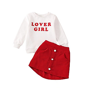 Toddler Valentines Day Outfit Baby Girl Valentines Shirt Love Sweatshirt+Heart Corduroy Skirts Cute Clothes Set (Lover Girl Red,4-5T)