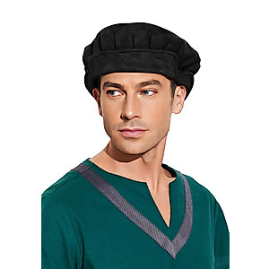 FURPHI Medieval Beret Cap for Men Women Faux Suede Hat Christmas Costume Renaissance Faire Accessories(Dark)