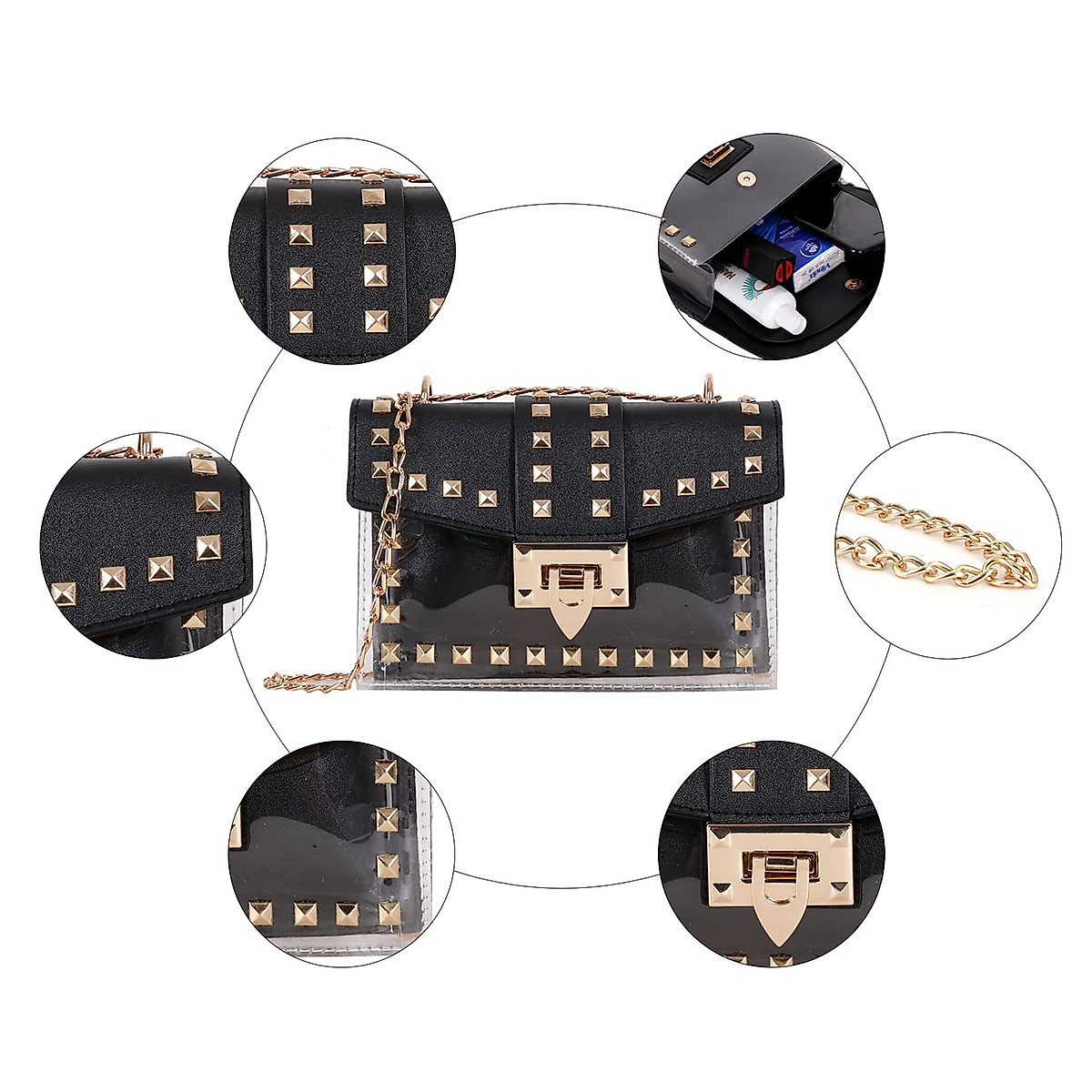 Qiayime Purses and Handbags for Women Fashion PU Leather Chain Transparent Rivet Satchel Shoulder Tote Clutch Crossbody Bag (black)
