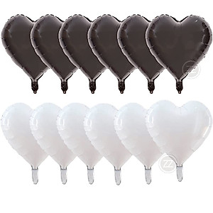 ZZART 12 Pcs Heart Foil Shining Balloons, 18 inch White & Black Bright Color Helium Metallic Balloons for Birthday Bridal Valentines Bachelorette Eve Anniversary Decorations Wedding Party Supplies