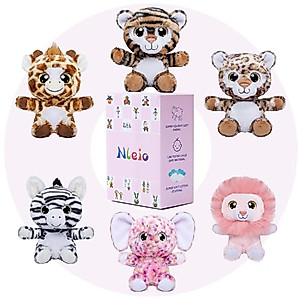 Nleio 7inch Stuffed Animals Forest Plush Toys, 6 Pieces Super Soft Jungle Animal Stuffed Toys Lion/Giraffe/Elephant/Tiger/Zebra/Leopard Safari Plush Animals for Babies Kids Toys Party Decorations