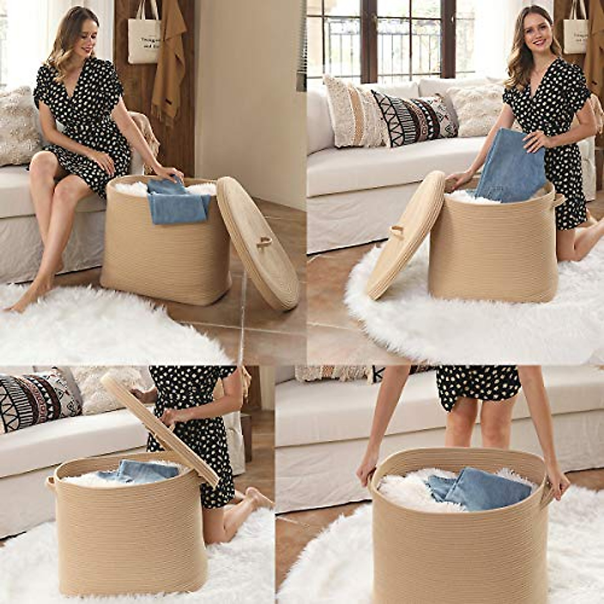 22"x14"x18" Rectangular Extra Large Storage Basket with Lid, Cotton Rope Storage Baskets, Laundry Hamper, Toy Bin, for Toys Blankets Storage in Living Room, Baby Nursery, All Beige