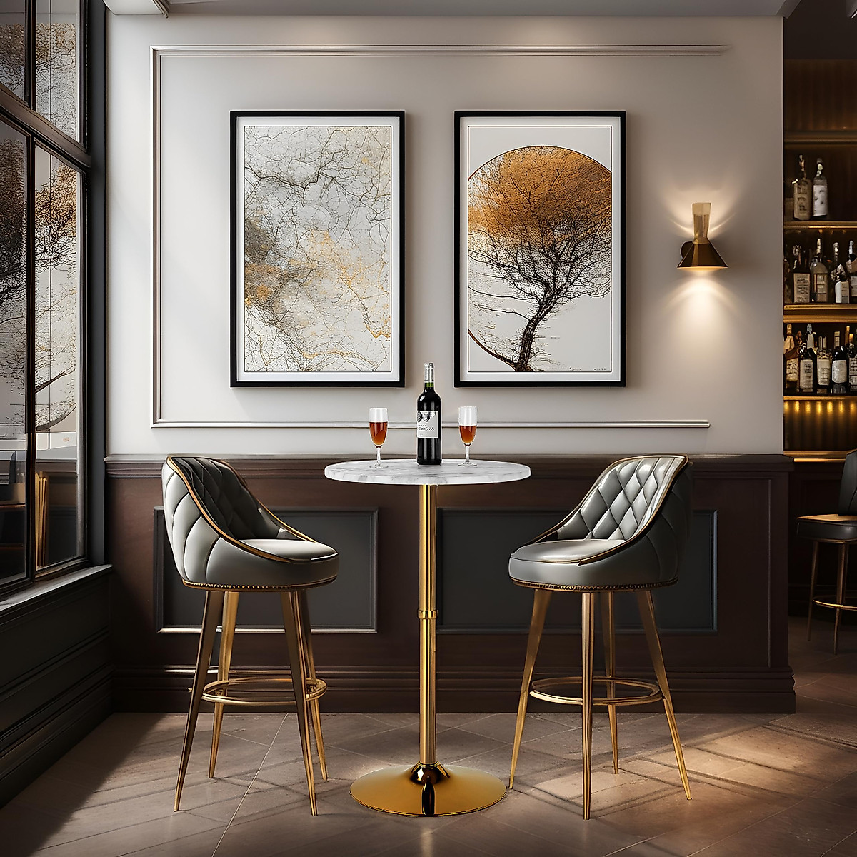 Finnhomy 24'' Round Cocktail Bar Table with Metal Base, Tall Bistro Pub Table, Counter Bar Height Table for Kitchen, Dining Room, Living Room, Easy Assembly, Gold