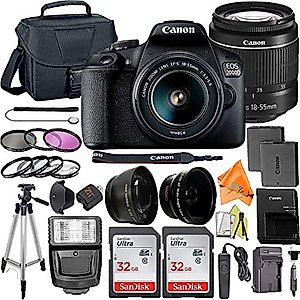 Canon EOS 2000D / Rebel T7 Digital SLR Camera 24.1MP with 18-55mm Zoom Lens + ZeeTech Accessory Bundle, 2 Pack SanDisk 32GB Memory Card, Telephoto and Wideangle Lenses, Flash, Tripod (Renewed)