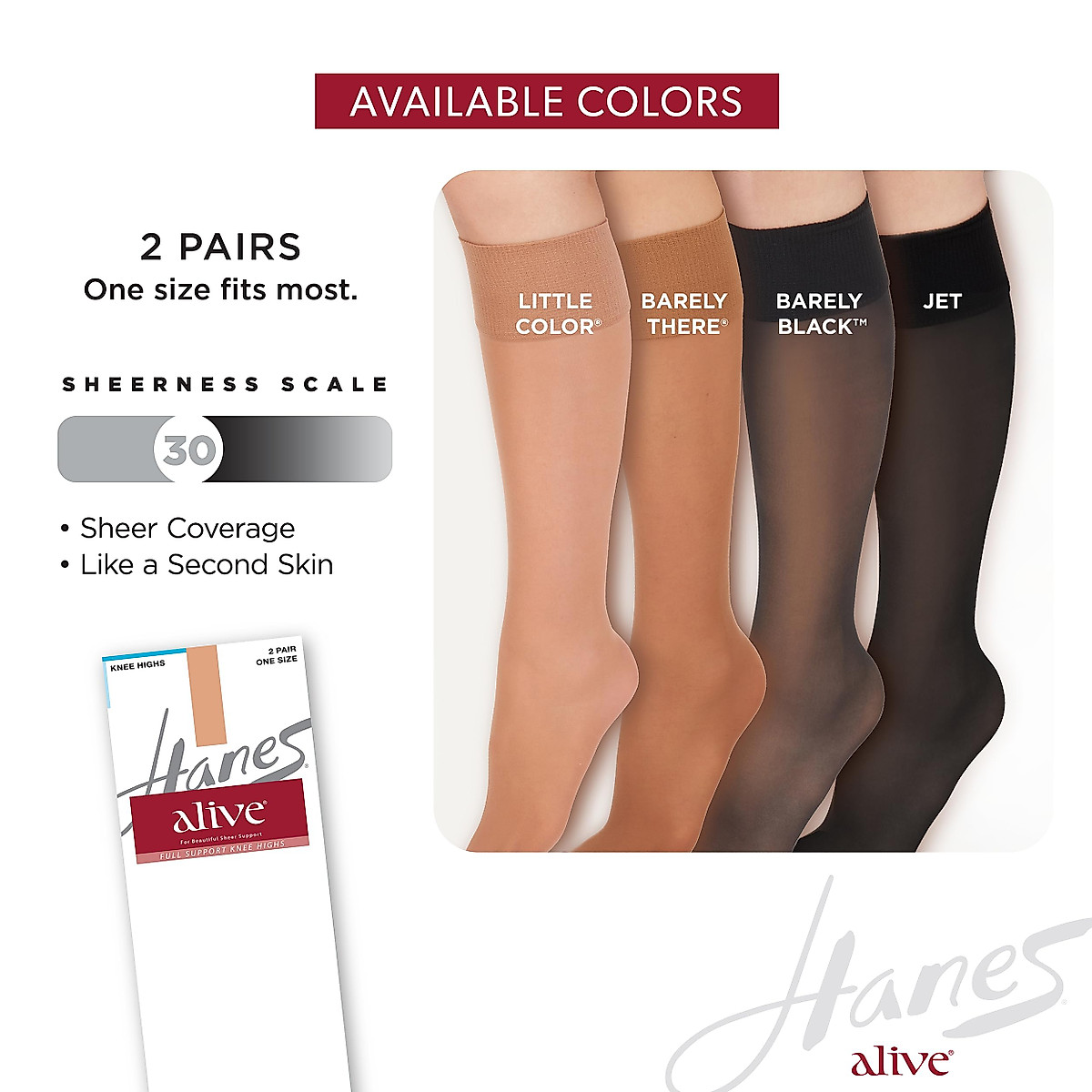 Hanes Women's Alive Full Support Sheer Toe Knee-High Stockings, Barely Black, One Size (Pack of 2)
