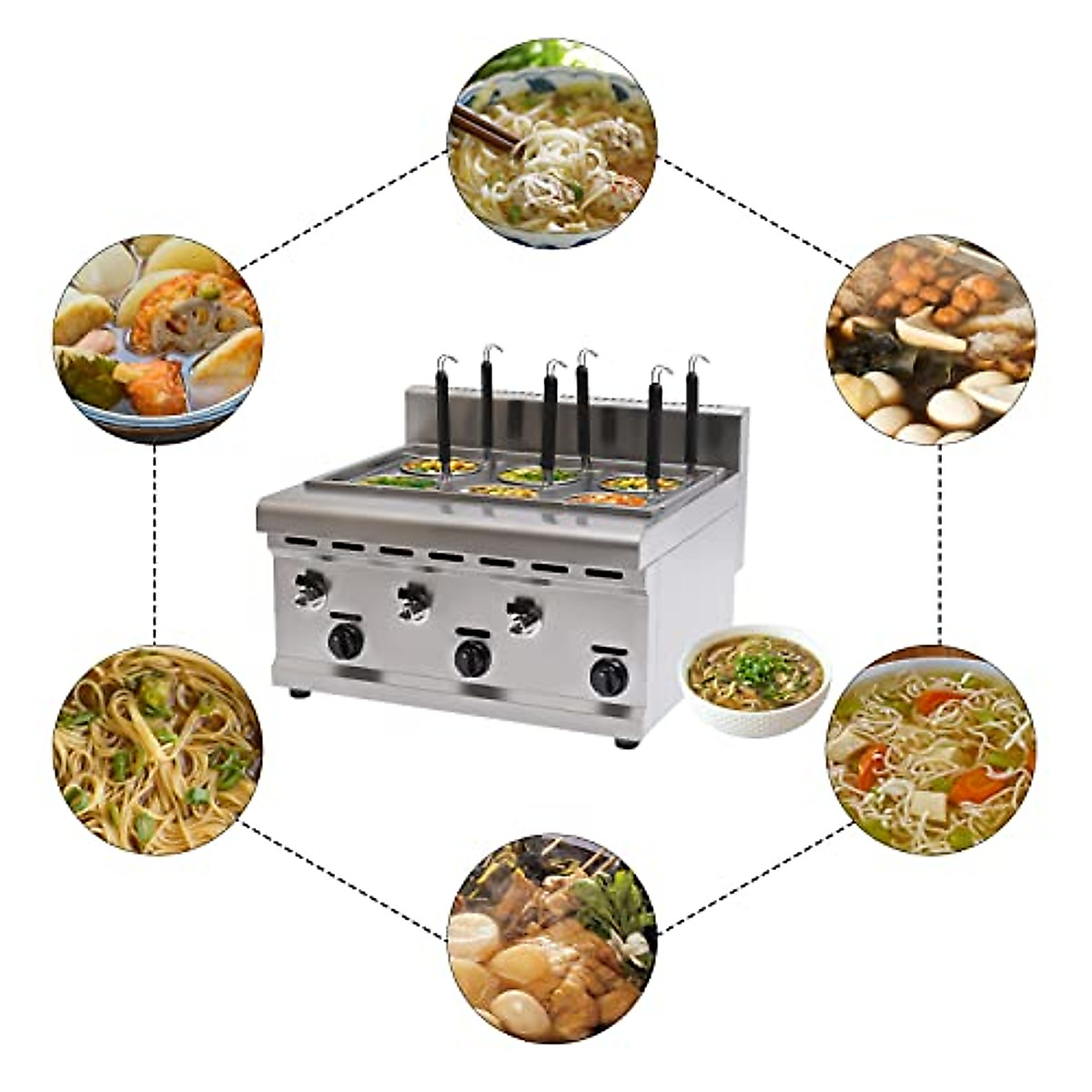 6 Holes Commercial Noodle Cooking Machine Propane Gas Noodle Pasta Desktop Cooker Ramen Cooker Kitchen Stainless Steel Noodle Machine for Restaurants,Noodle Shops