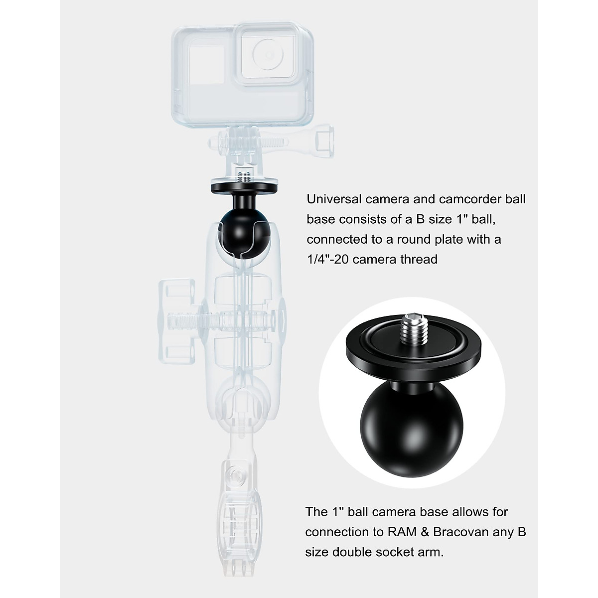 BRCOVAN Aluminum Alloy 1'' Ball Adapter with 1/4"-20 Threaded Stud for Action Camera & Camcorder Compatible with RAM Mounts B Size Double Socket Arm