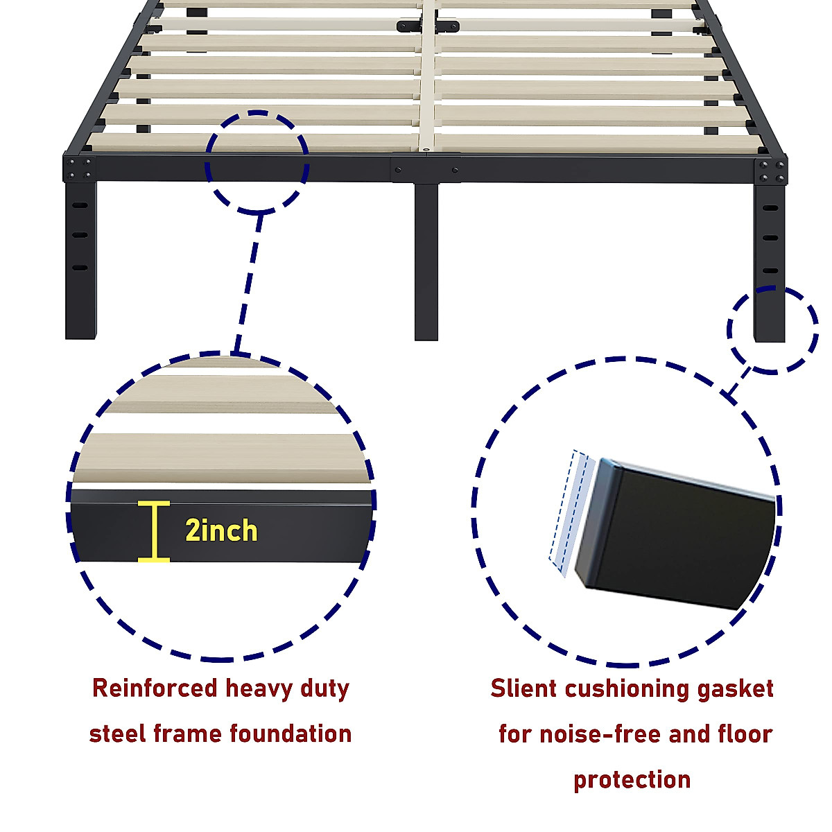 ZIYOO Full Size Bed Frame 14 Inches High 3 Inches Wide Wood Slats with 3500 Pounds Support for Foam Mattress, No Box Spring Needed, Underbed Storage Space,Easy Assembly, Noise Free