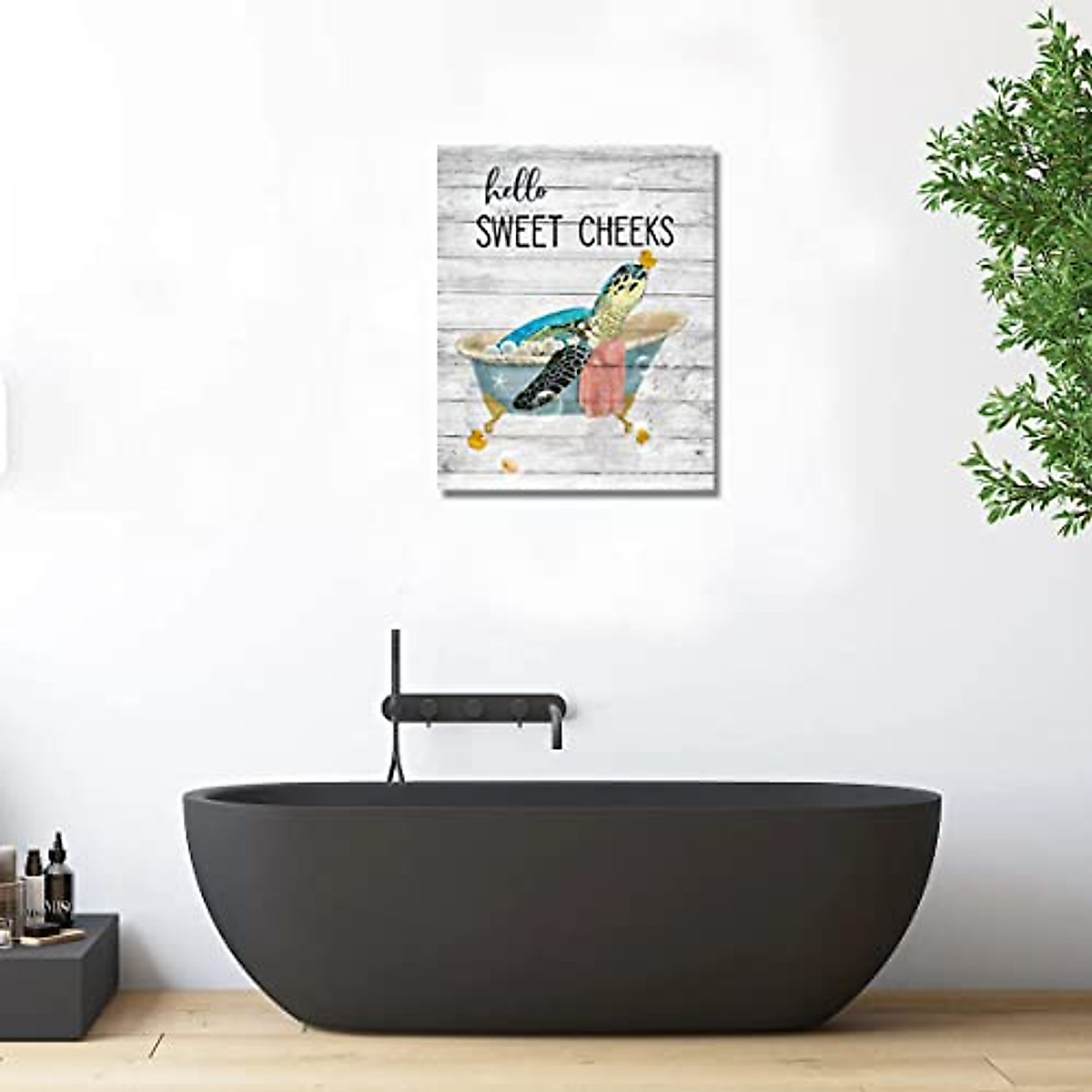 Sea Turtle Bathroom Wall Art Teal Sea Turtle Pictures Wall Decor Funny Sea Turtle in Bathtub Canvas Painting Print Artworks Coastal Beach Themed Ocean Animal Nautical Bathroom Decor Framed 12"x16"