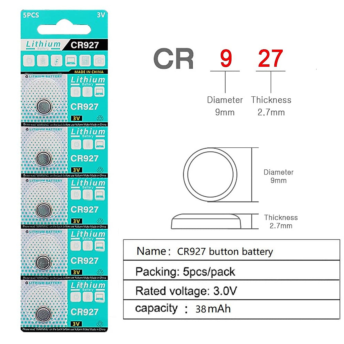 Cotchear 5pcs/Pack CR927 Coin Battery 3V Lithium Cell Button Battery ECR927 5011LC DL927 BR927 KCR927 LM927 CR927 Button Batteries for Watch Toy Remote