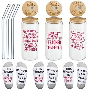 Tanlade 6 Pcs Teacher Appreciation Gifts Set Include Teacher Glass Cup with Lid and Glass Straw Teacher Tumbler Teacher Appreciate Socks Teacher Gifts Cool for Women Men Holiday Graduation Birthday