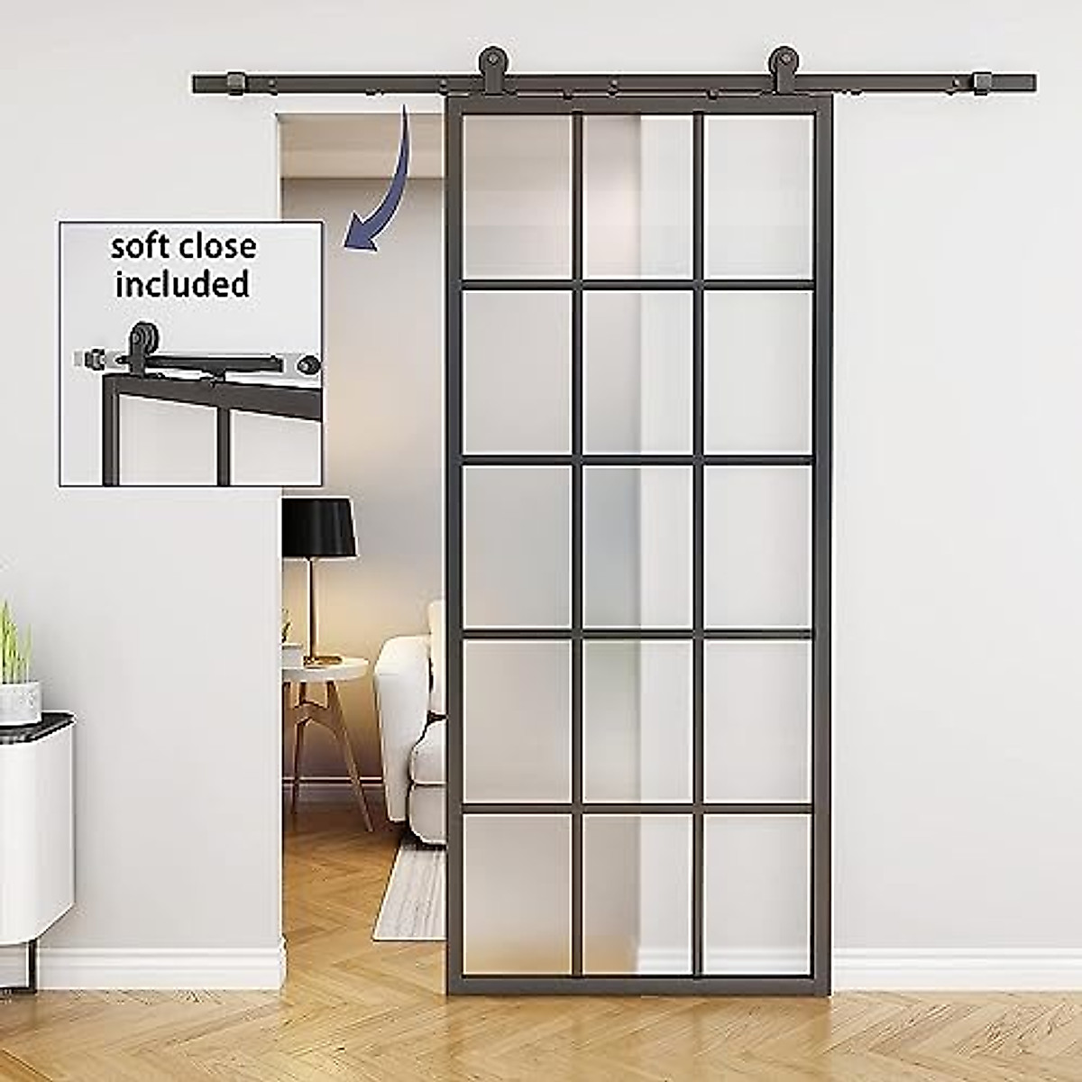 BARNSMITH 36in x 84in Frosted Glass Barn Door with 6.6FT Top Mounted Hardware kit Soft Close Mechanism DIY 15 Lites Tempered Modern Aluminum Sliding Glass Door Disassembled Easy Installation