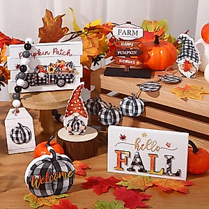 Soaoo 12 Pieces Fall Tiered Tray Decorations Set Wooden Hello Fall Pumpkin Gnome Truck Trays Signs for Autumn Holiday Thanksgiving Home Rustic Farmhouse Table Kitchen Decor (Black and White)