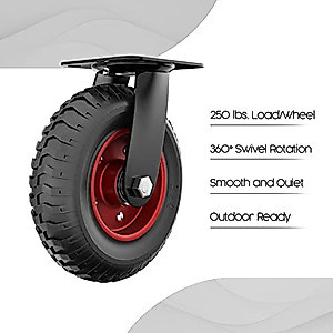 Houseables Swivel Heavy Duty Caster Wheel, Industrial Casters, 8 Inch, 1 Wheel, Red Rim, Rubber, Cast Iron, Large, Tires, Outdoor, Flat Free for Carts, Dolly, Workbench, Trolley, Black