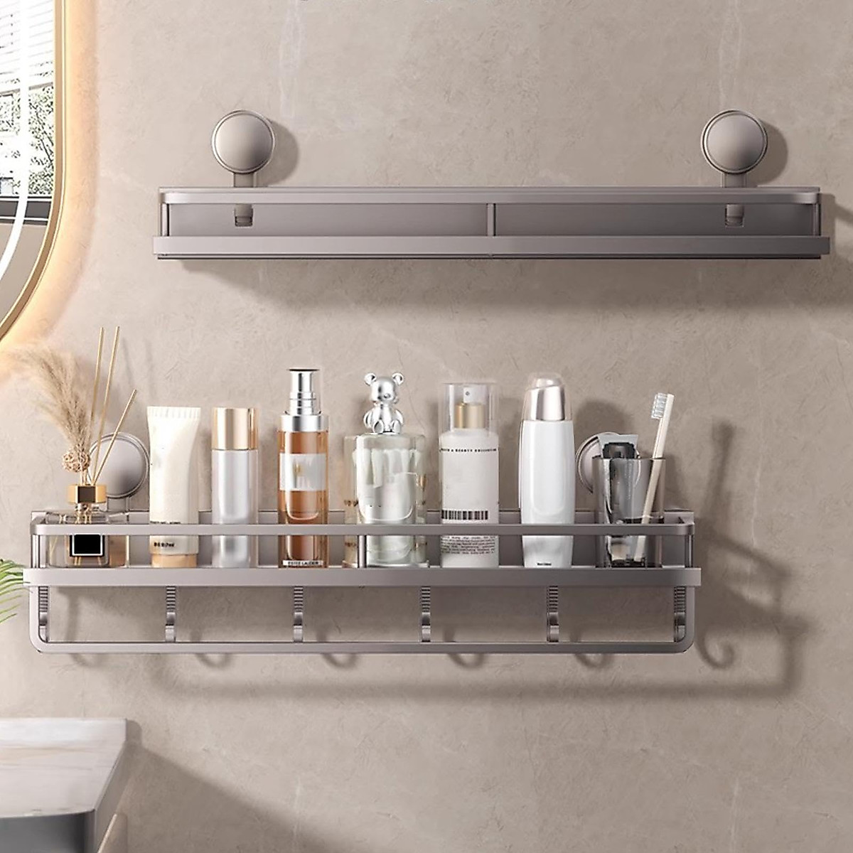 Wiuejg Waterproof Shower Box with Suction Cups | Quality Shower Organizer Suction Cup | Sturdy Shower Suction Box | Fashionable Bathroom Shelves Cup 30x12x5cm/11.81x4.72x1.97in for Bathroom | Gray