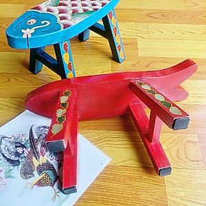 Kelendle Small Wooden Stool Hand Carved Wooden Foot Stool Children's Fish Stool Vintage Wood Stool Crafted Hand-Painted Wood with Two-Legged Stool Red