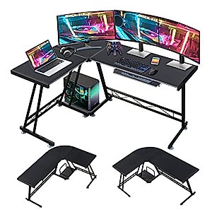dreamlify Reversible L-Shaped Modern Gaming Pull-Out Keyboard Tray Corner CPU Stand Computer Desk for Home Office Workstation Space Saving, Black