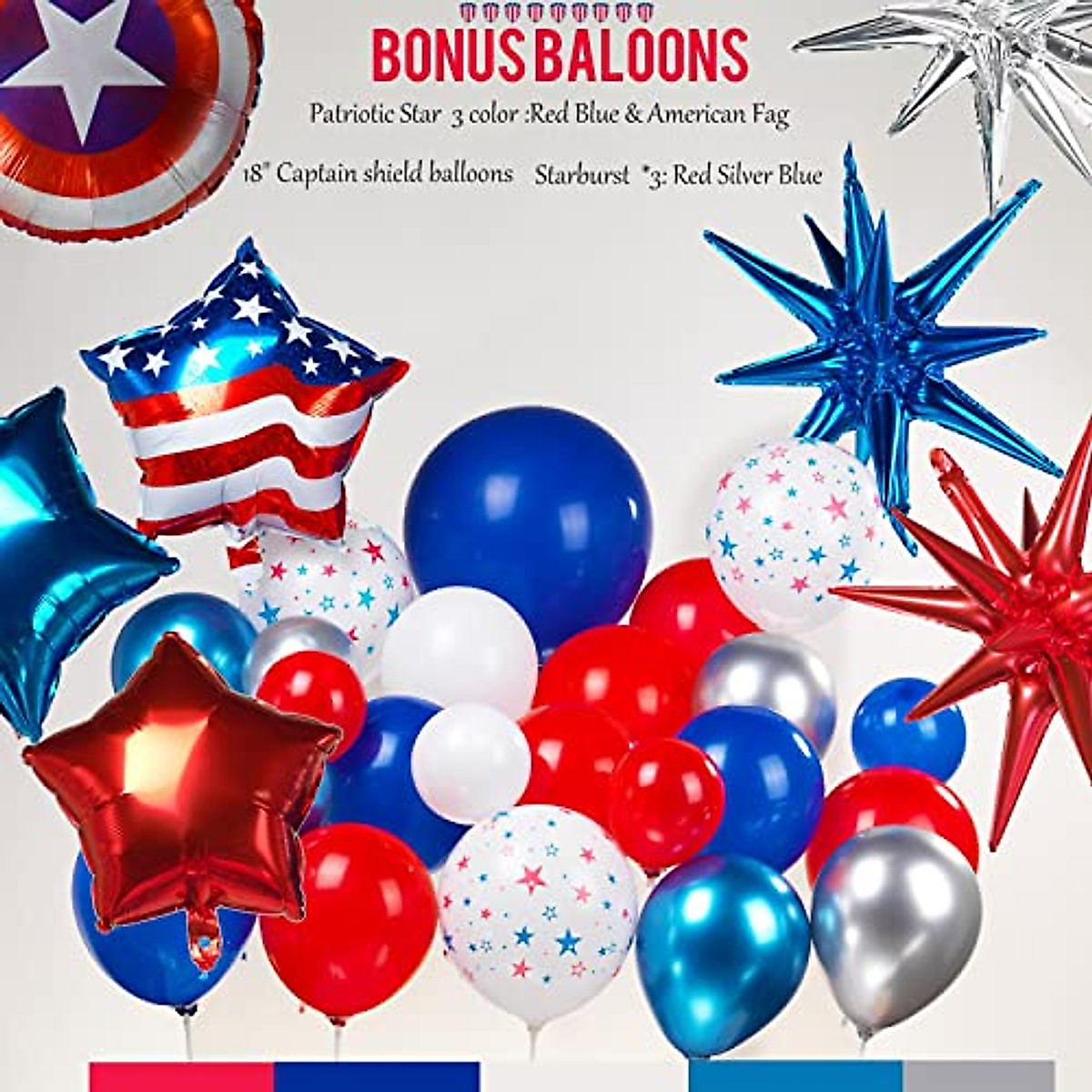 kozee Red White and Blue Patriotic balloon garland arch kit 136pcs with starburst star print balloons for july 4 Memorial day decorations