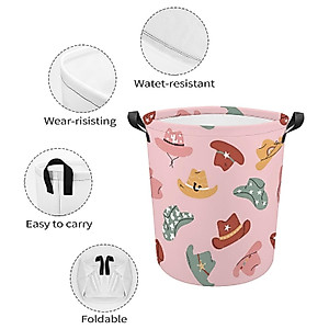 TsyTma Lovely Pink Cowgirl Hats Laundry Basket Small Collapsible Laundry Hamper with Handles Vintage Western Round Dirty Clothes Hampers for Laundry Bedroom Bathroom