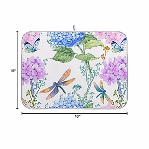 ZzWwR Beautiful Hydrangeas Dragonflies Floral 16 x 18 Inches Absorbent Dish Drying Mat Microfiber Kitchen Countertop Table Protector Multi-Purpose Counter Rack Sink Drainer Pad