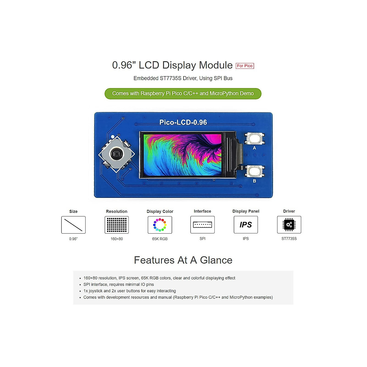 Waveshare 0.96inch LCD Display Module for Raspberry Pi Pico 65K RGB Colors 160×80 Pixels SPI Interface Embedded ST7735S Driver