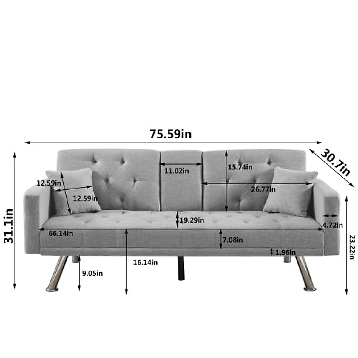 Eafurn Linen Upholstered Convertible Folding Futon Sofa Bed, Button Tufted Loveseat Couches for Compact Living Space, Apartment, Dorm, Bonus Room w/Metal Legs, 2 Cupholders,Comfy Sofa & Couches, Grey