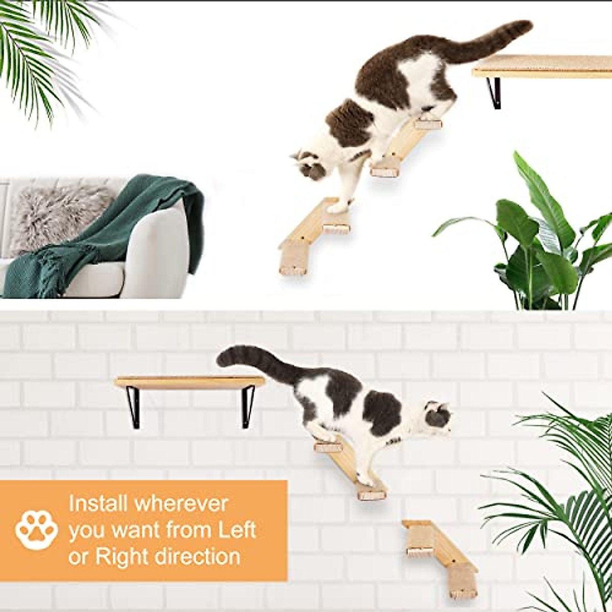 Cat Climbing Stair Shelf Wall Mounted Reversible Left & Right Direction, Cat Stairway Shelf for Climbing with Sisal Rope Ladder Cat Wall Furniture