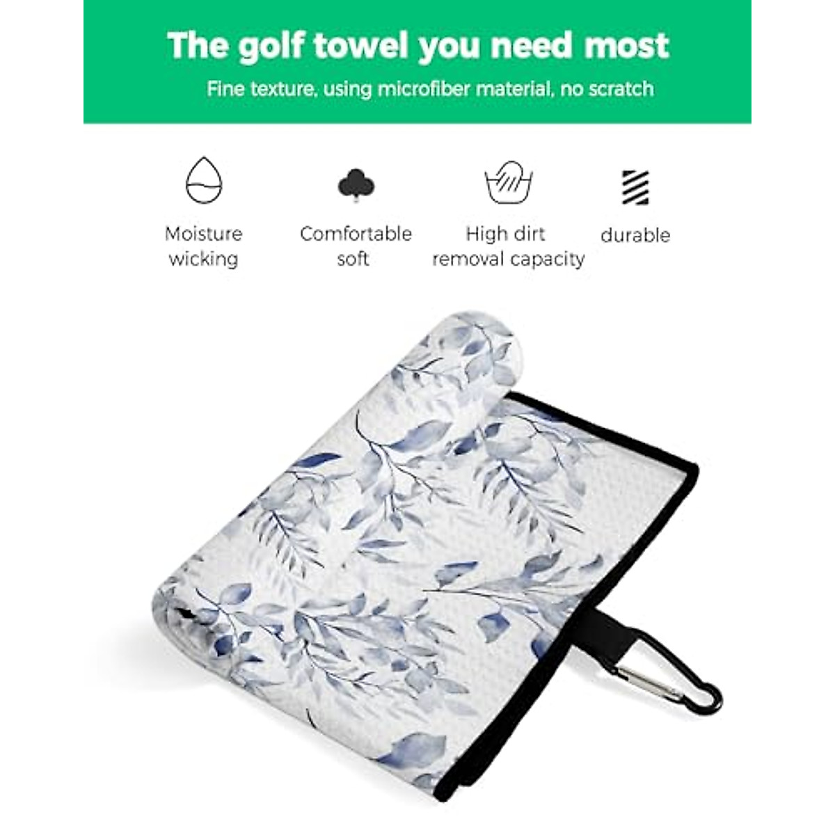 Golf Towel Pastoral Blue Leaves Seamless White,Waffle Pattern Microfiber Club Cleaner Golf Towels with Carabiner Clip for Women Men Dad,Aesthetic Botanical Art Golf Towel for Golf Bags,24x16in