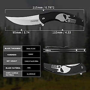 Pocket Knife 3.74", 440C High Carbon Stainless Steel Blade, Stainless Steel Handle, with Deep Carry Pocket Clip, Outdoor EDC Knife for Camping, Hiking, Fishing, Black Coated
