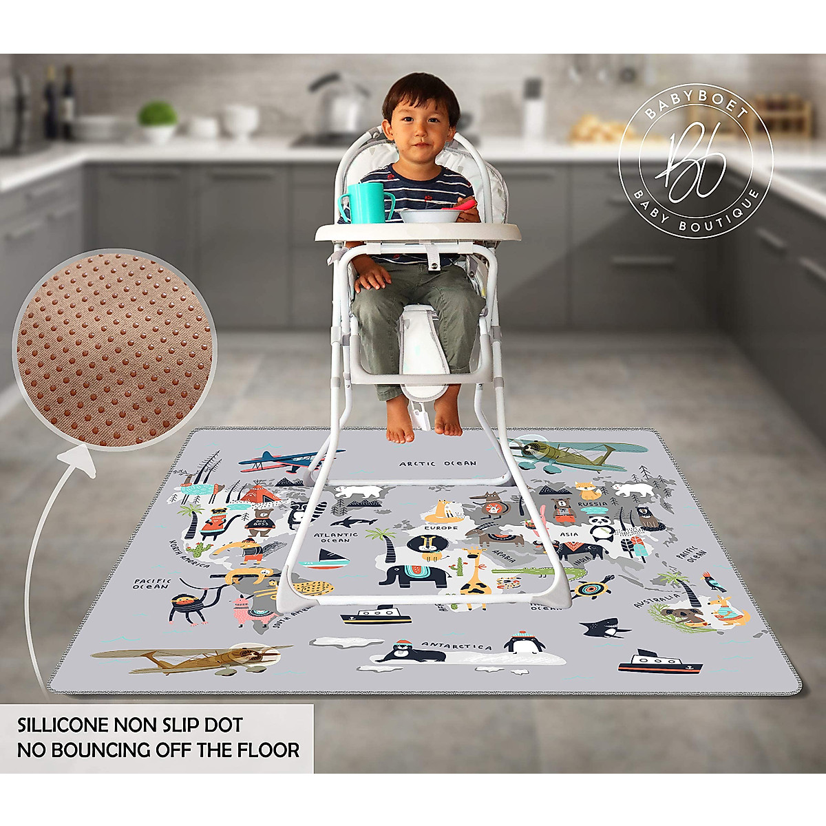 BABYBOET Splat Mat for Baby – Under High Chair Floor Mat Protects Wood, Vinyl and Carpet from Spills – Waterproof 4 Layer Baby Mat with Anti-Skid Backing Deters Bunching and Sliding (51” x 51”)