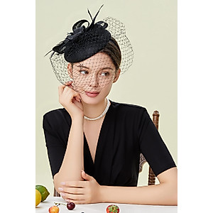 BABEYOND Fascinator Hat Veil Feather Fascinators Hair Clip Tea Party Pillbox Derby Hat Fascinator Bridal Wedding Veil Black