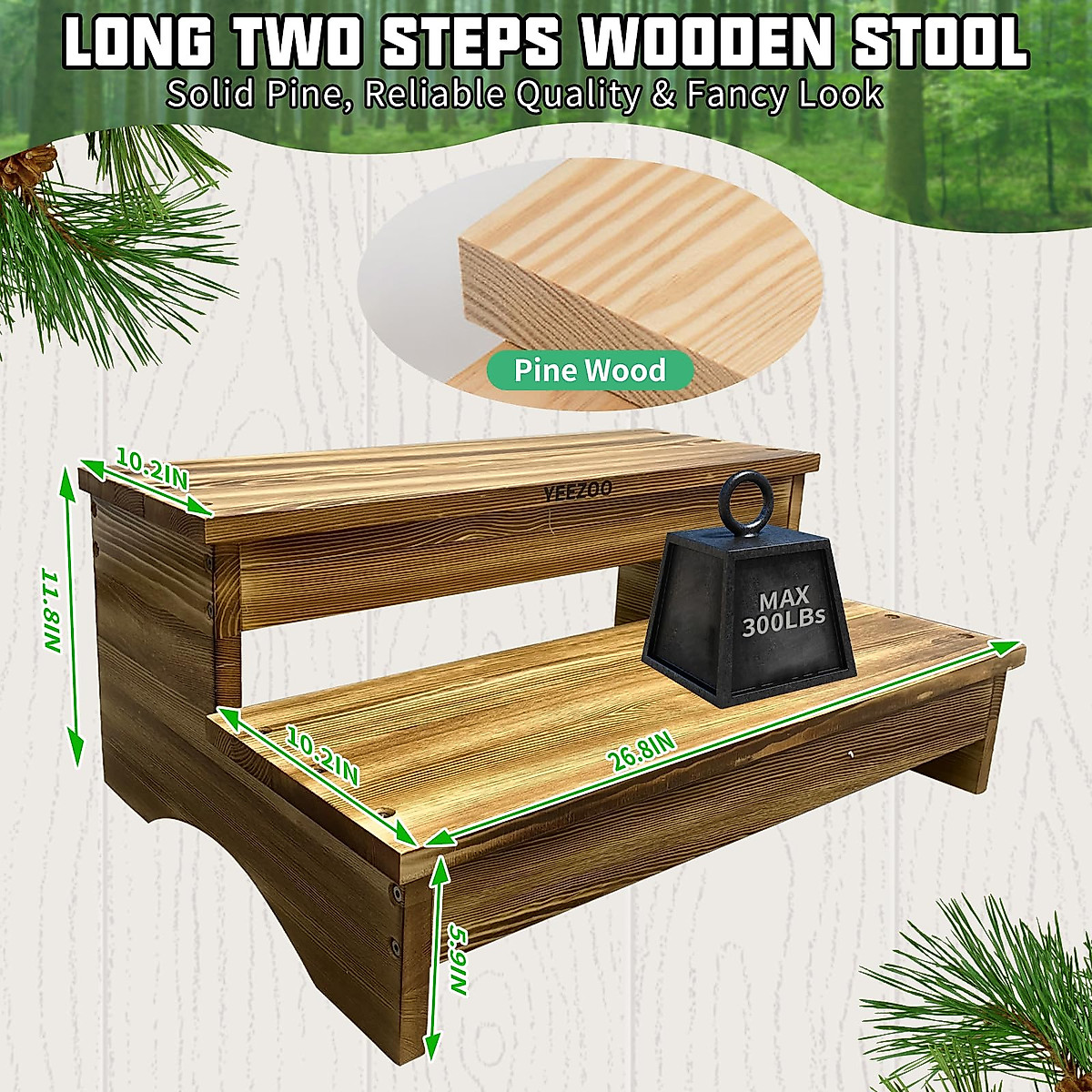 Long wooden step stool, 2 steps wood stool with non-slip pads for kitchen high bed for kids, adults and elderly (26.8" L*20.1" W*11.8" H)