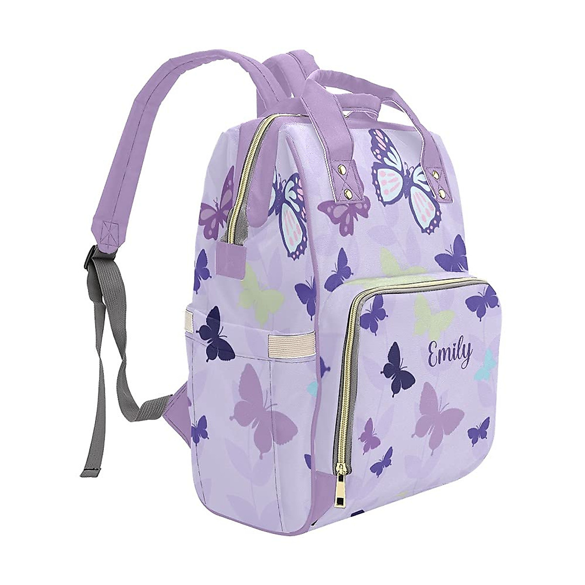 Yeshop Butterfly Purple Personalized Diaper Bag Backpack Tote with Name,Custom Travel Nappy Mommy Bag Backpack for Baby Girl Boy Gift, A300, 10.83In x 6.69Inx 15In