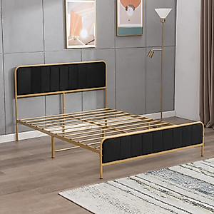 Mixoy Cal King Metal Bed Frame, Velvet Platform Bed Frame with Headboard, Heavy Duty Metal Mattress Foundation, Strong Metal Slat Support, No Box Spring Needed, Easy Assembly (Cal King,Golden/Black)