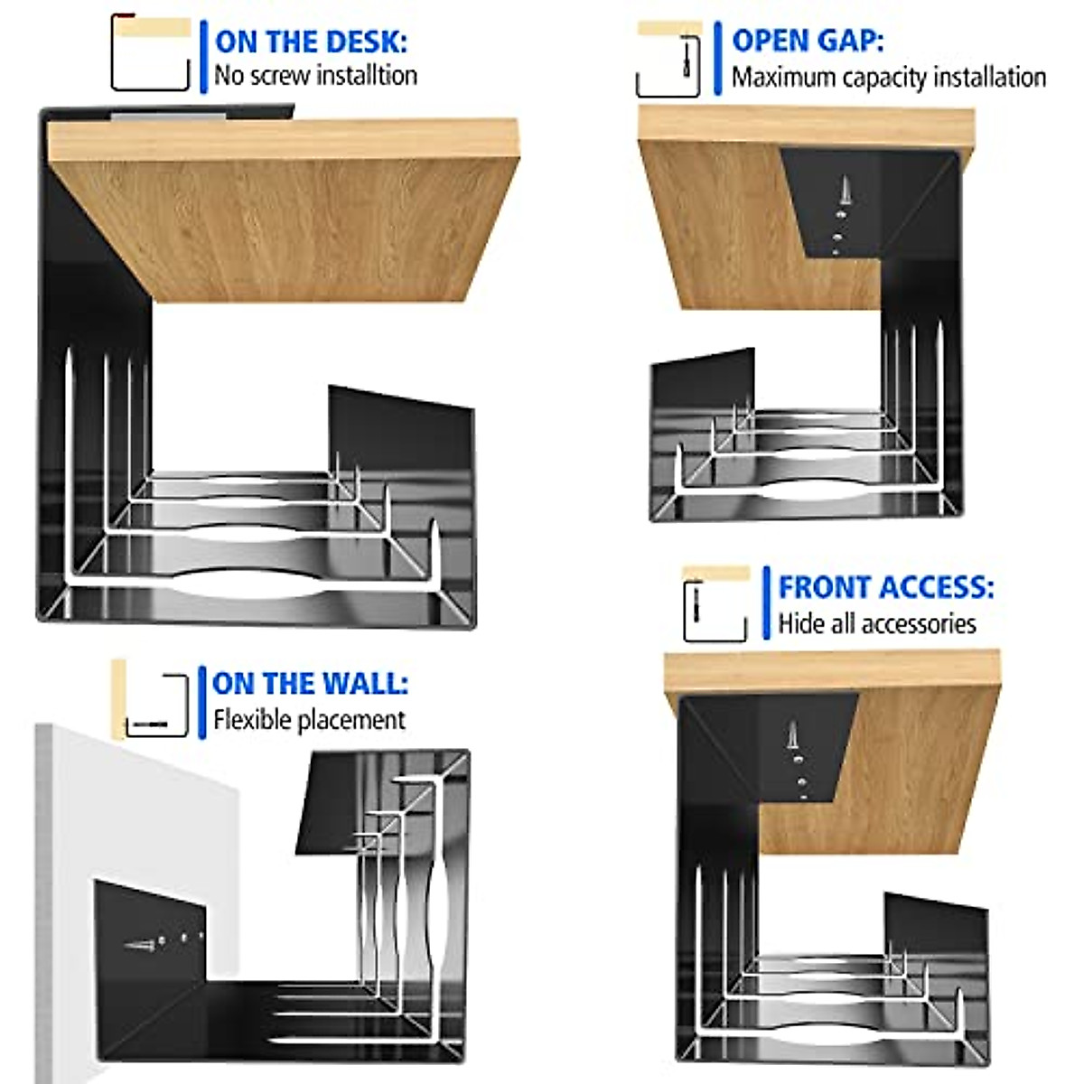 Under Desk Cable Management Tray, No Drill, Steel Desk Cable Management Tray with Wire Organizer and Cord Organizer, Large Rack, Under Desk Black Cable Raceway Tray for Cords /Power Strip, 15.7 in