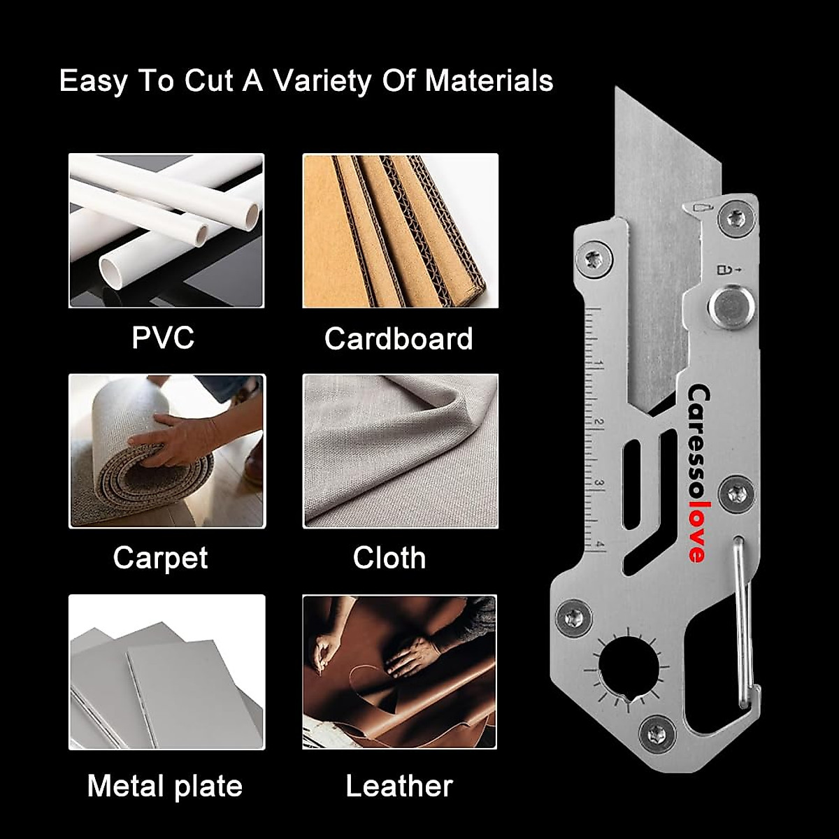 Caressolove 6-in-1 Razor Blades Utility Knife, Retractable Box Cutter, Multitool Knife with Bottle Opener, Hex Wrench, Rule, Water Compass, Cardboard Cutter Small Pocket Knife, 10 Extra Blades