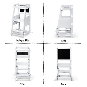 TOETOL Bamboo Toddler Step Stool White Kitchen Counter Learning Helper Standing Tower Ktchen Stool for Toddler 3 Height Adjustable with Chalkboard Message Boards, Small Step Stool, Non-Slip Mat