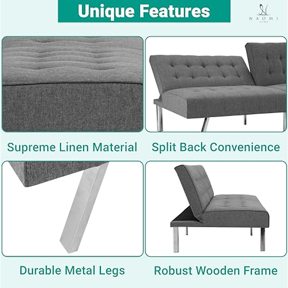 Naomi Home Tufted Split Back Futon Convertible Sofa Bed, Futon Couches for Living Room, Linen Futon Couch Bed with Chrome Legs, Folding, Reclining Small Convertible Sofa Bed, Gray