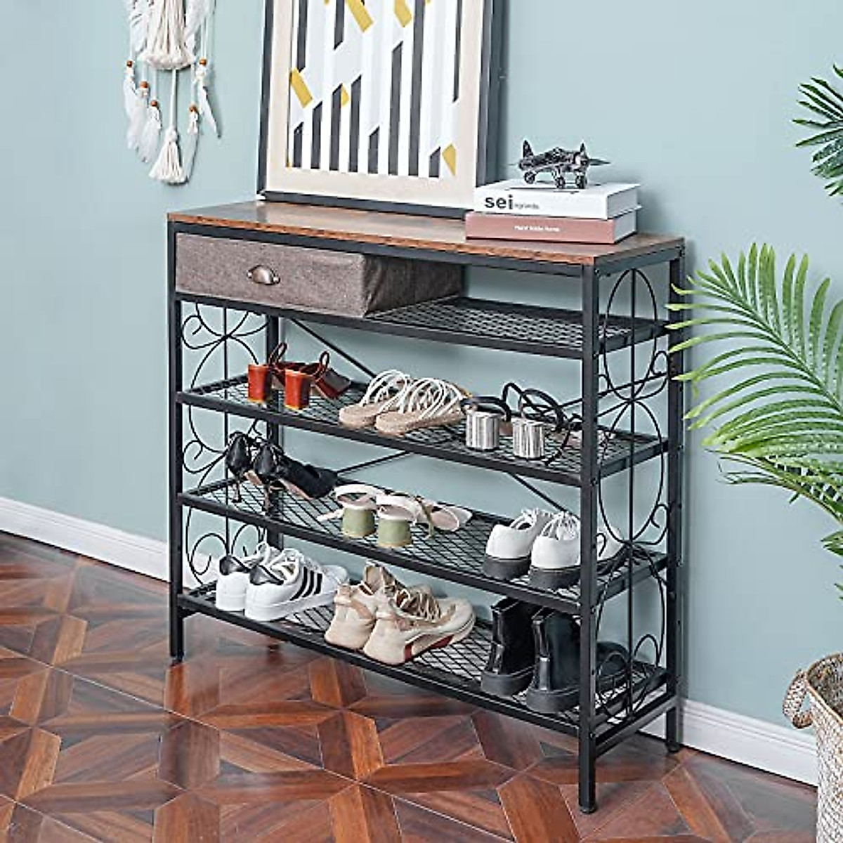 X-cosrack Shoe Rack, 4-Tier Shoe Rack Organizer Industrial Metal Closet wooden vertical Shoe Rack Storage Garage Shoe Stand for Closets Entryway Brown Black