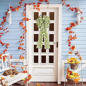 Whaline Fall Green Pumpkin Wired Edge Ribbon 30 Yards Farmhouse Rustic Autumn Thanksgiving Harvest Fabric Ribbon Welcome Plaids Polka Dots Craft Ribbon for Wreath Floral Bow DIY Crafts, 5 Roll