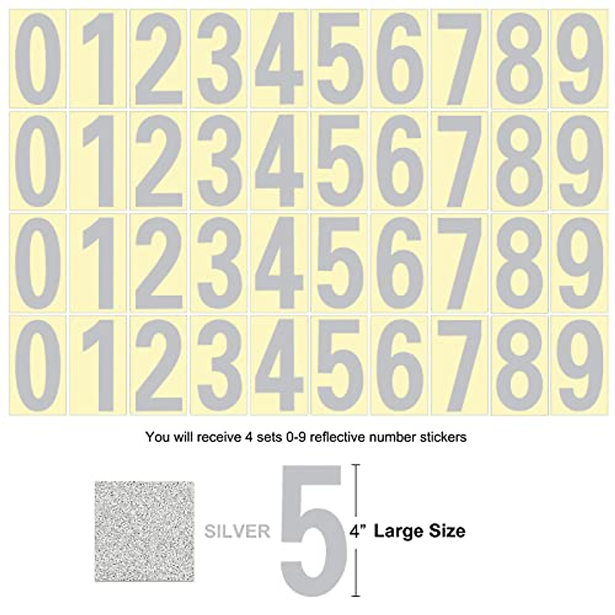 Reflective Mailbox Numbers for Outside, 4 Sets Large 4 inch 0-9 Self Adhesive Address Numbers for House Doors (4 inch, Silver)