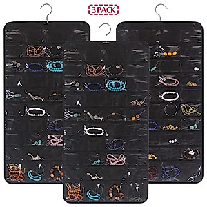 3 Pack Hanging Jewelry Organizer with 80 Pockets Jewelry Storage for Earrings Necklace Bracelet Ring Accessory, Black