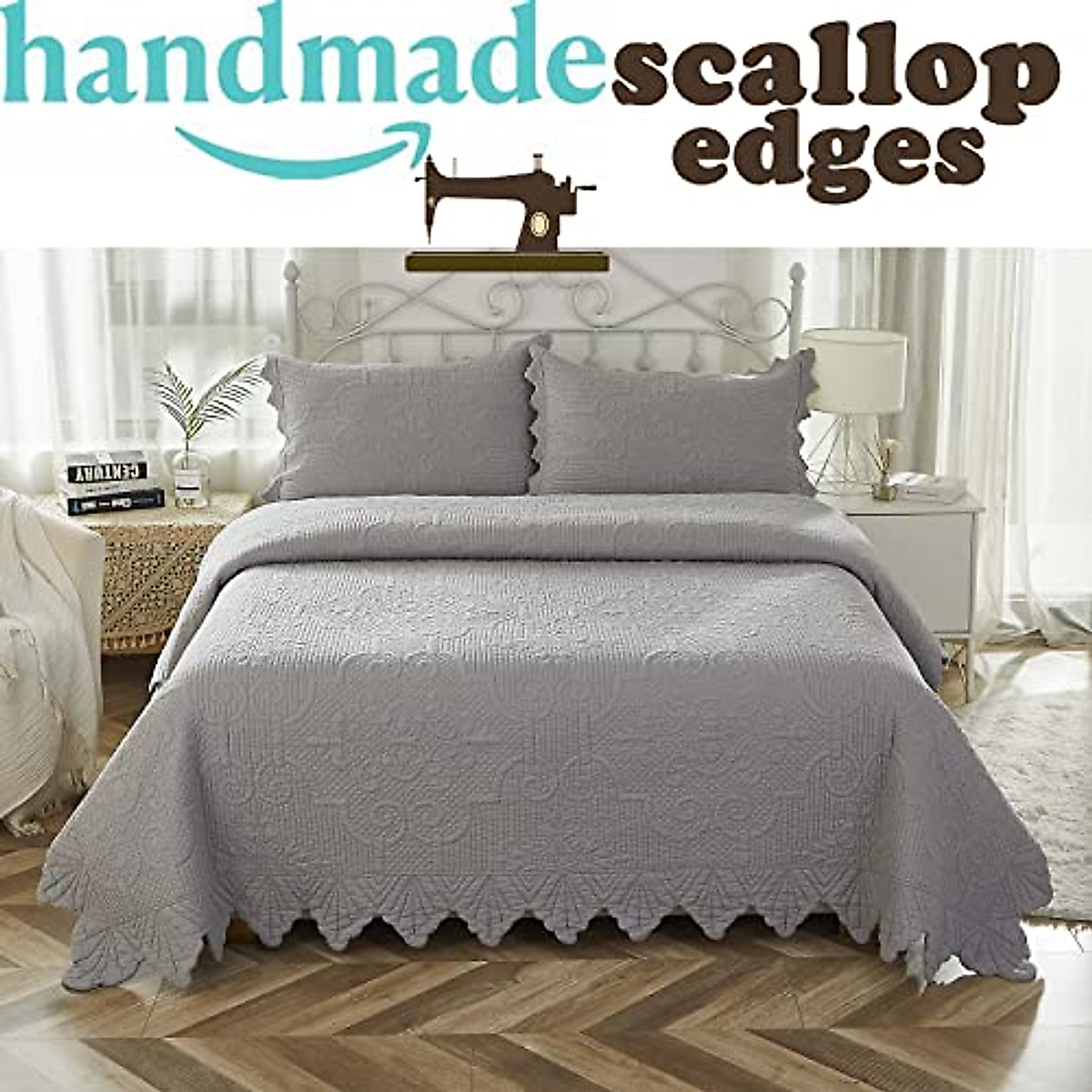 Brandream 4-Piece Grey Quilt Set Cotton Queen Size Luxury Scalloped Bedding Matelasse Coverlet Quilted Comforter Set