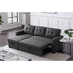KTVTK 82" L-Shape Sleeper Sectional Sofa with Storage Chaise and Pull-Out Bed,Convertible Couch for Living Room,Apartment,Office, 82'', Dark Gray 1