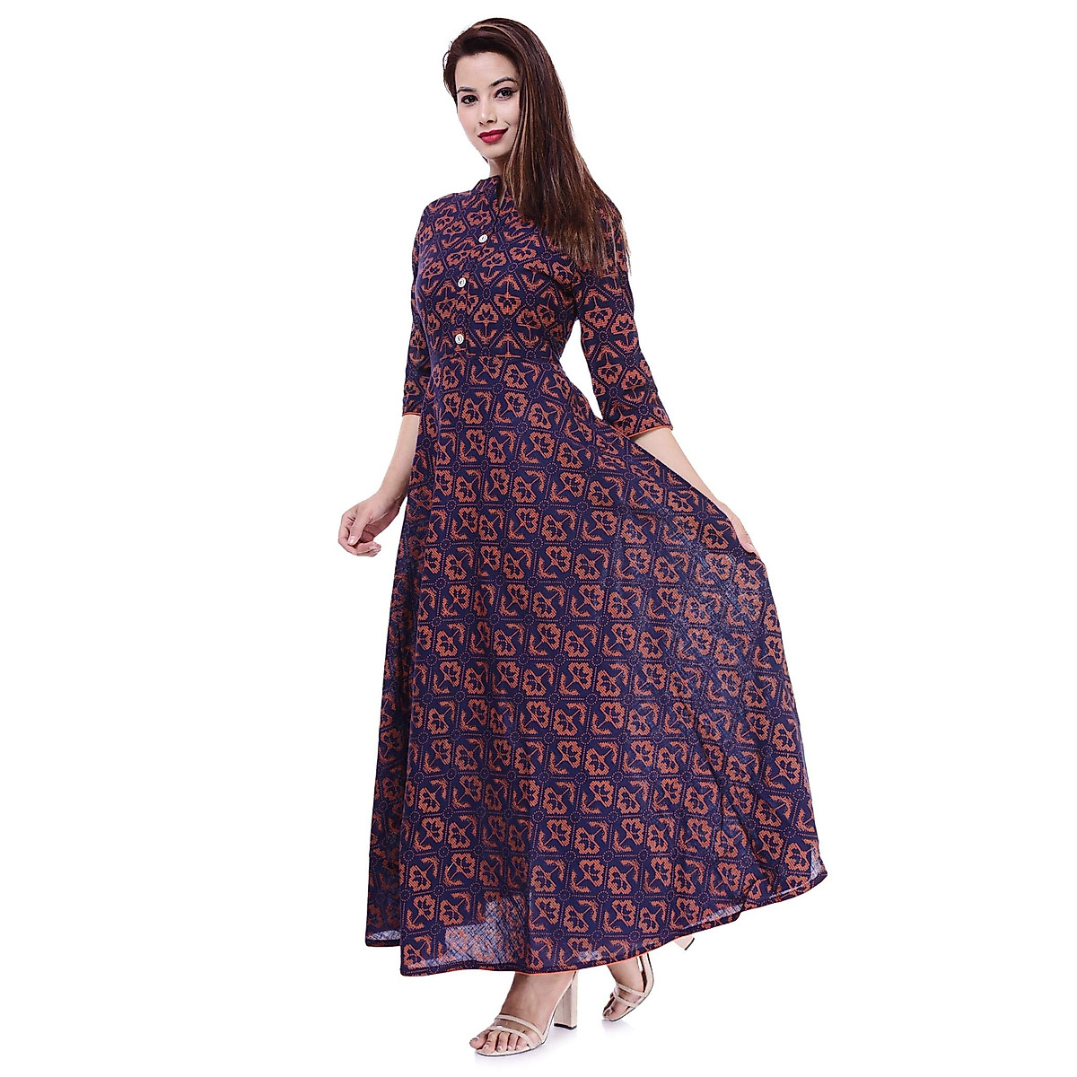 Ramkudi Indian Women's Printed Cotton Kurti Top (Blue-Brown)
