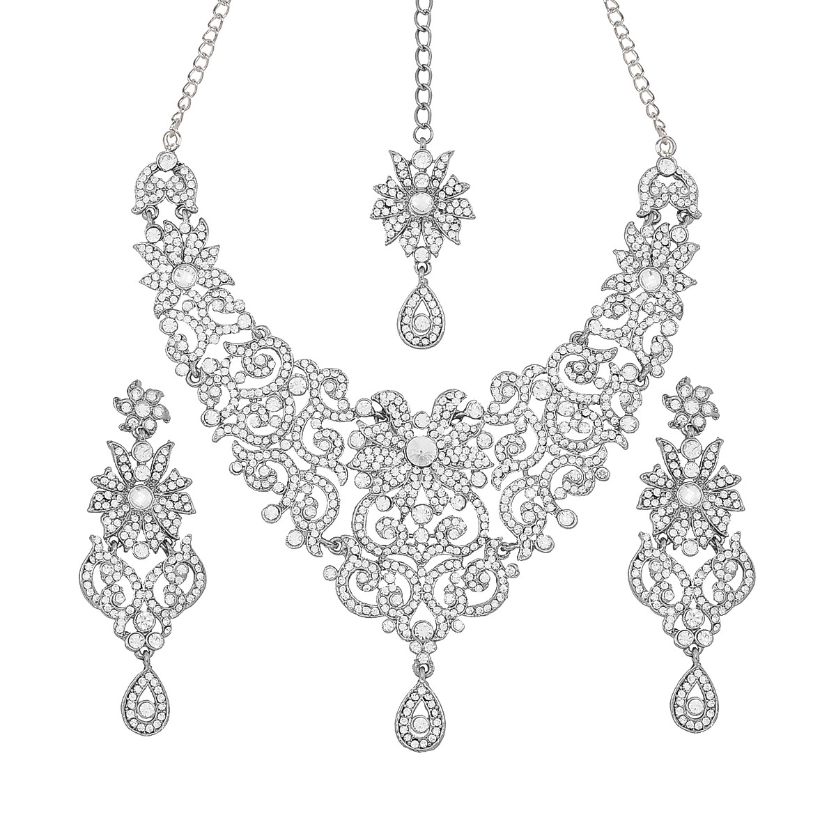 Touchstone Indian Bollywood Traditional Royal Look Attractive Filigree Carving Rhinestone Grand Bridal Designer Jewelry Necklace Set for Women