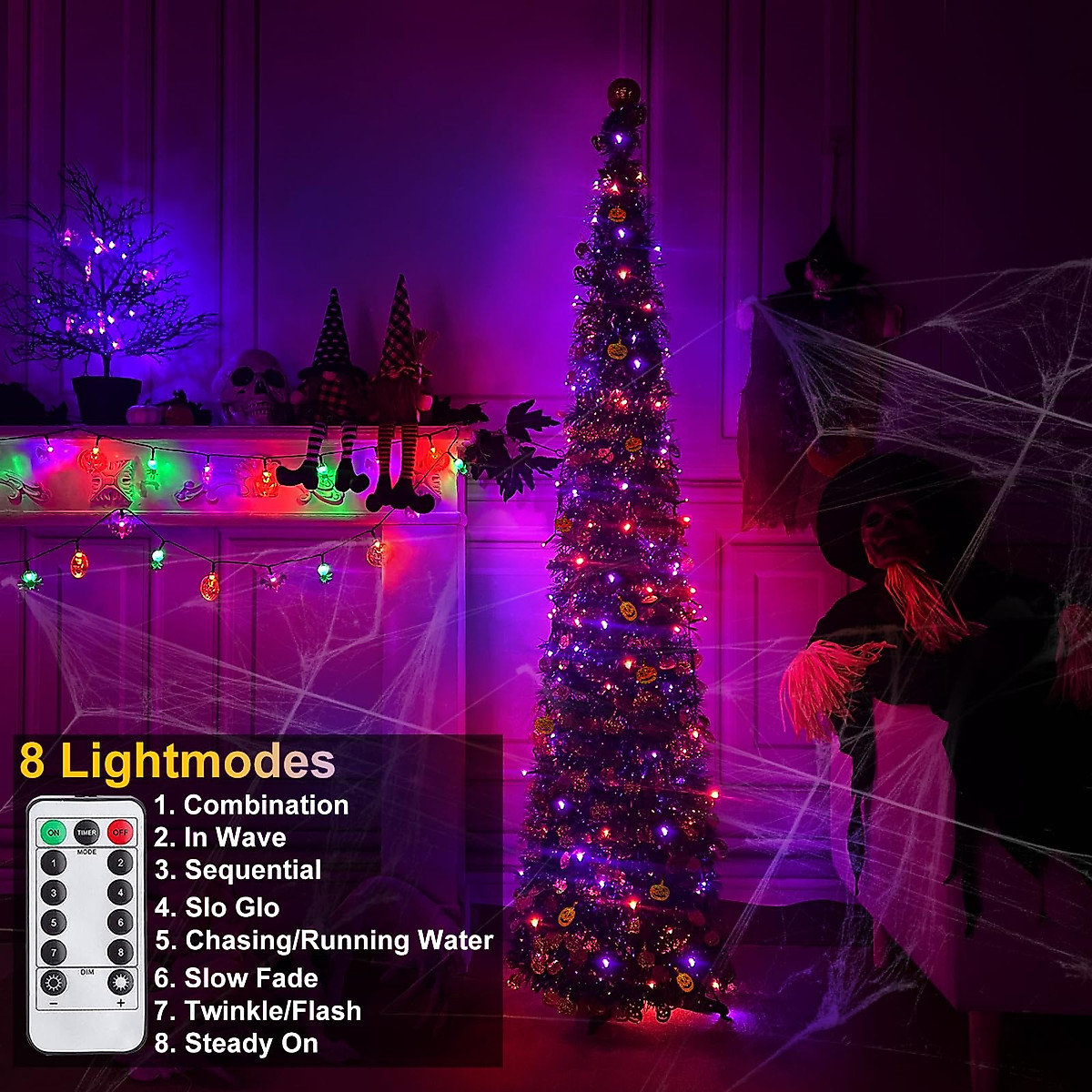 [ Orange & Purple Lights ] 5 Ft Halloween Black Christmas Tree Timer DIY 50 Lights Battery Operated Pumpkin Top Sequin Tinsel Artificial Pop Up Pencil Scary Halloween Decoration Home Indoor Outdoor