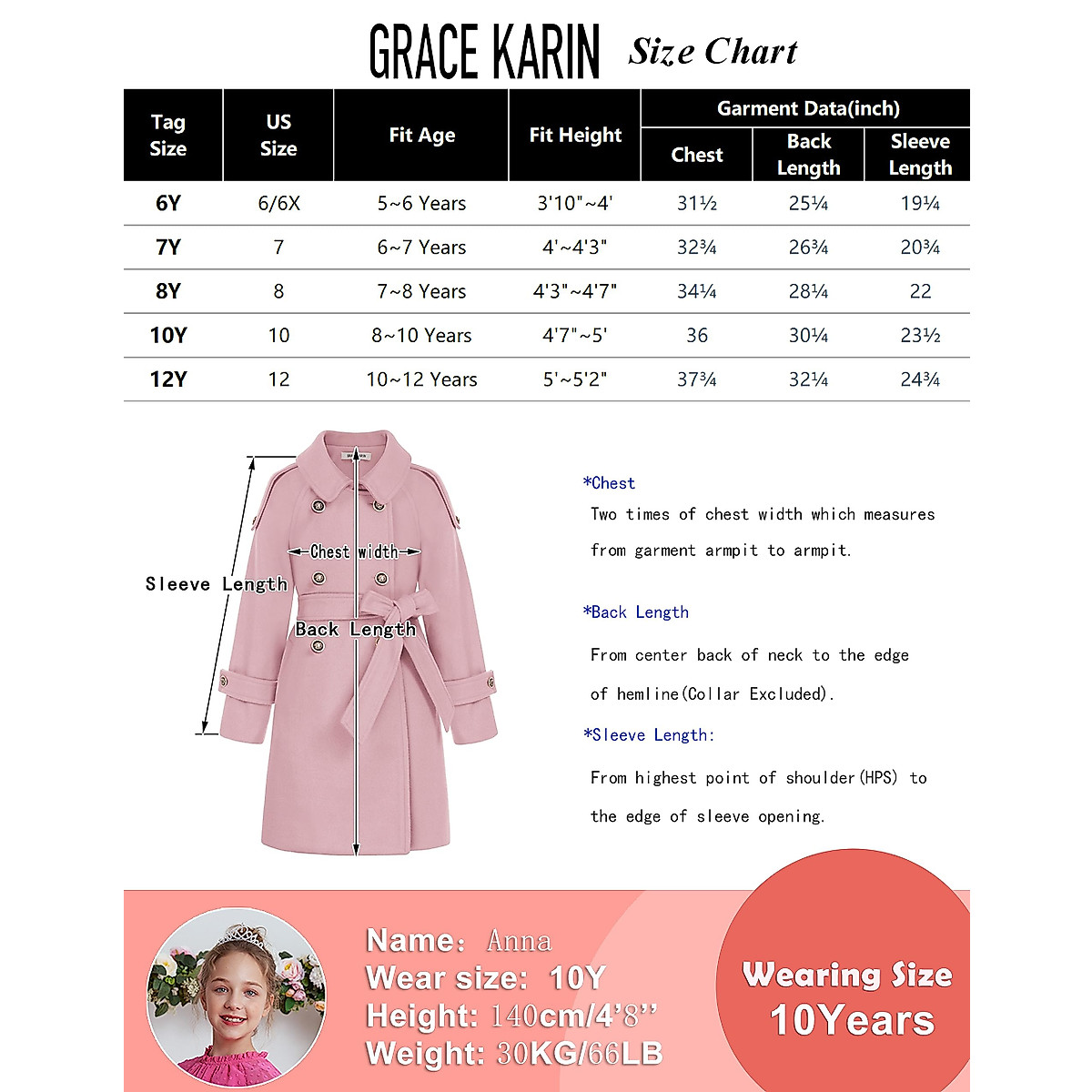GRACE KARIN Kid Dress Coat Lapel Long Winter Pink Coats for Girls Size 8-10 Pockets Belt