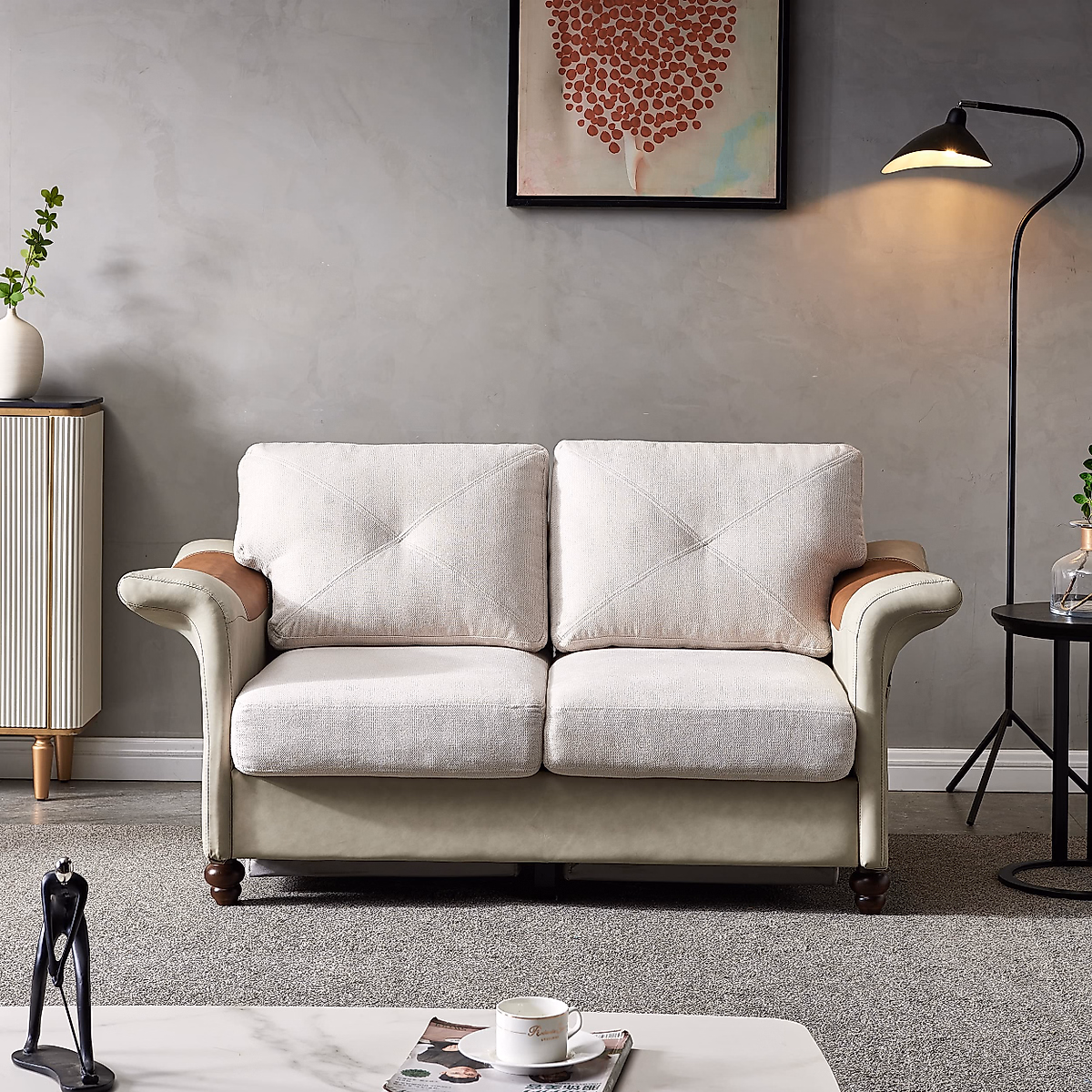 KoiHome Upholstered Loveseat Couch with Side Pockets and Storage Space Under Seat, 61.5" 2-Seater Linen Fabric Faux Leather Sofa Chaise with Curved Arms for Living Room,Bedroom,Office, Wood Leg, Beige